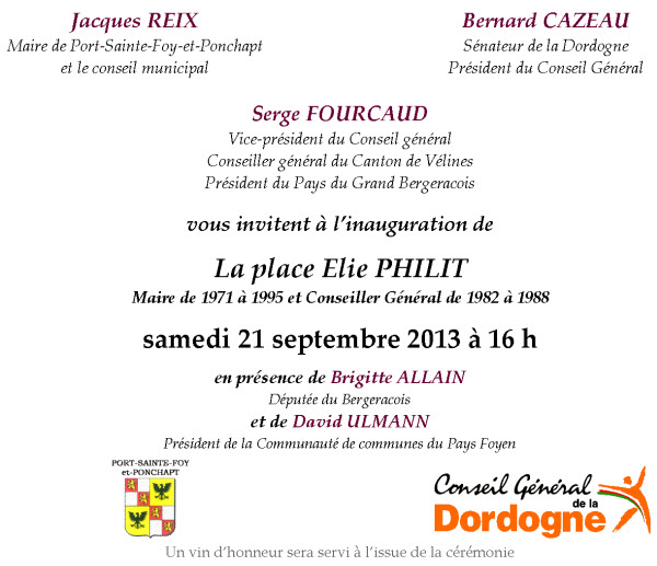 Invitation inauguration Place Elie PHILIT - Mairie de Port-Sainte-Foy ...